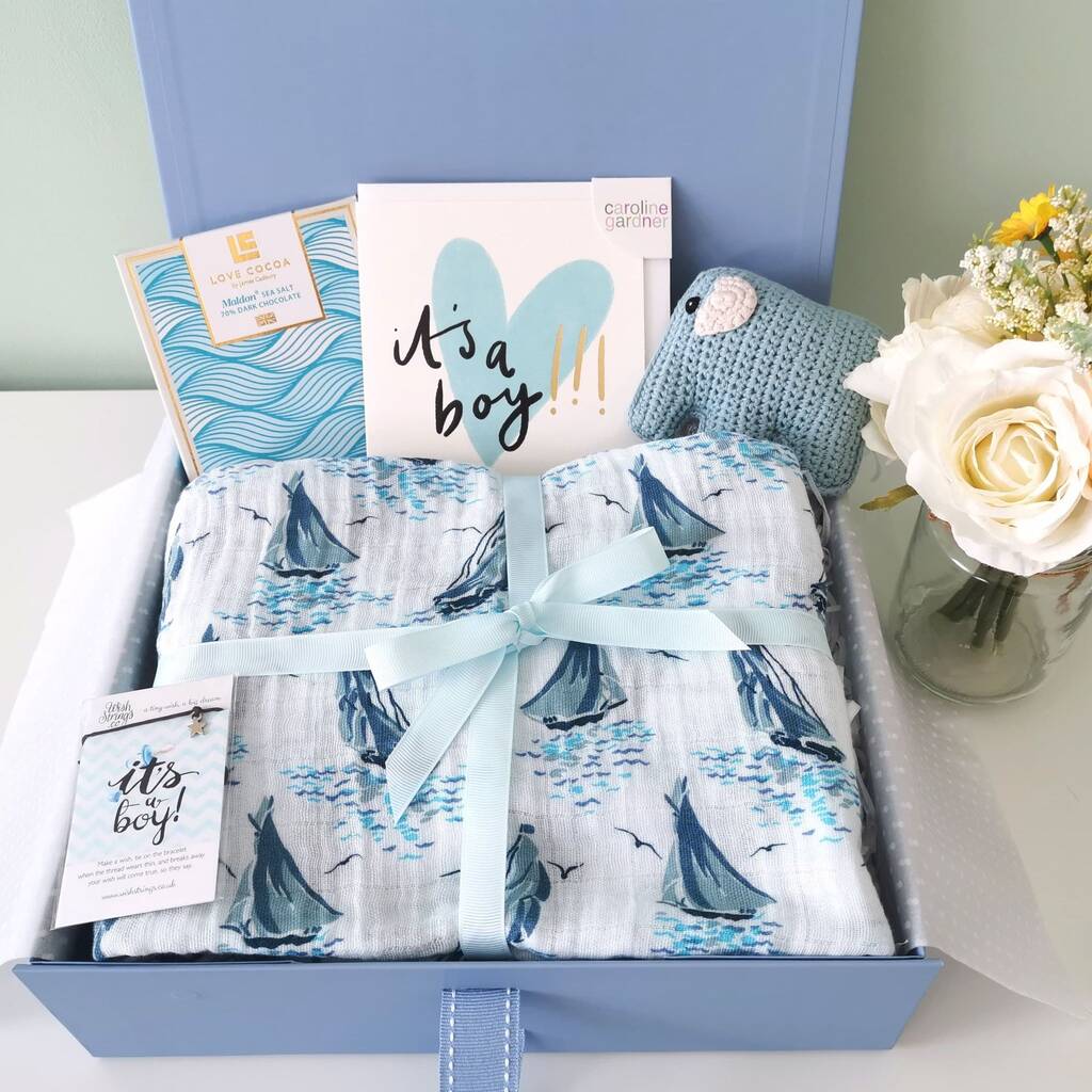 New Baby Boy Muslin Swaddle Gift Box It's A Boy By Beatrice & Barley