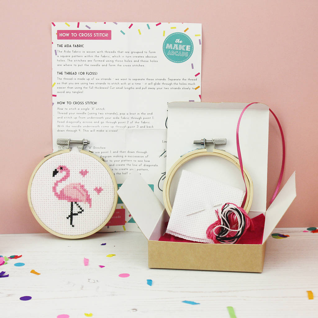 flamingo mini cross stitch craft kit by the make arcade ...