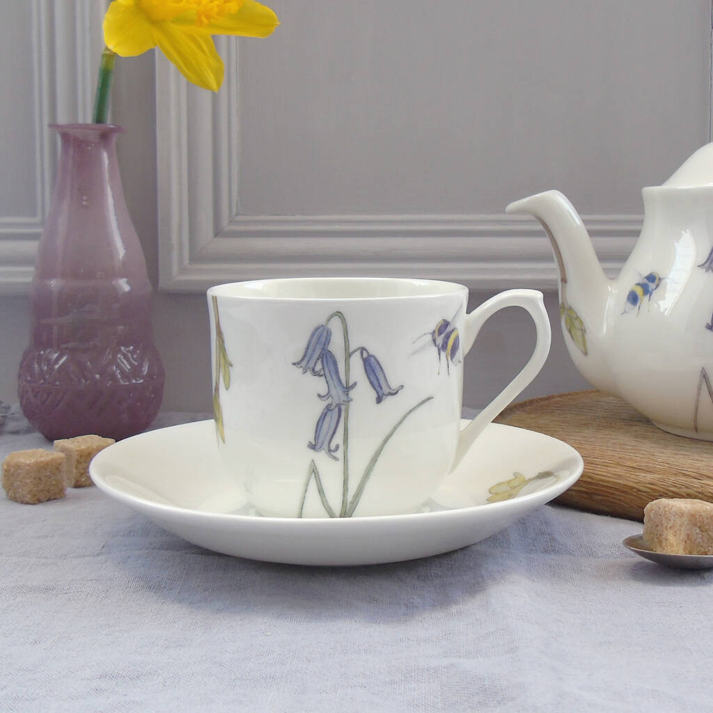 Bee And Spring Flowers China Teacup And Saucer By littlebirdydesigns ...
