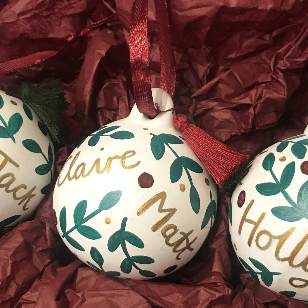 Personalised Botanical Hand Painted Ceramic Bauble By Laura Barnes ...