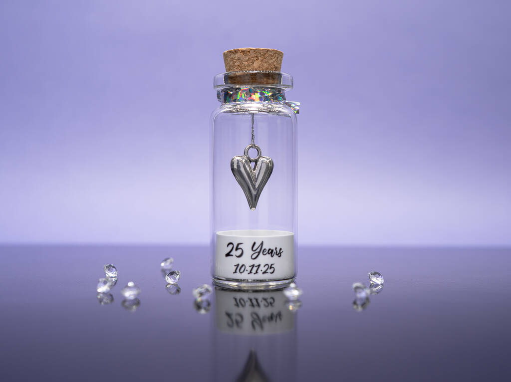 Personalised 25th Silver Colour Heart Anniversary Mini Bottle Gift By ...