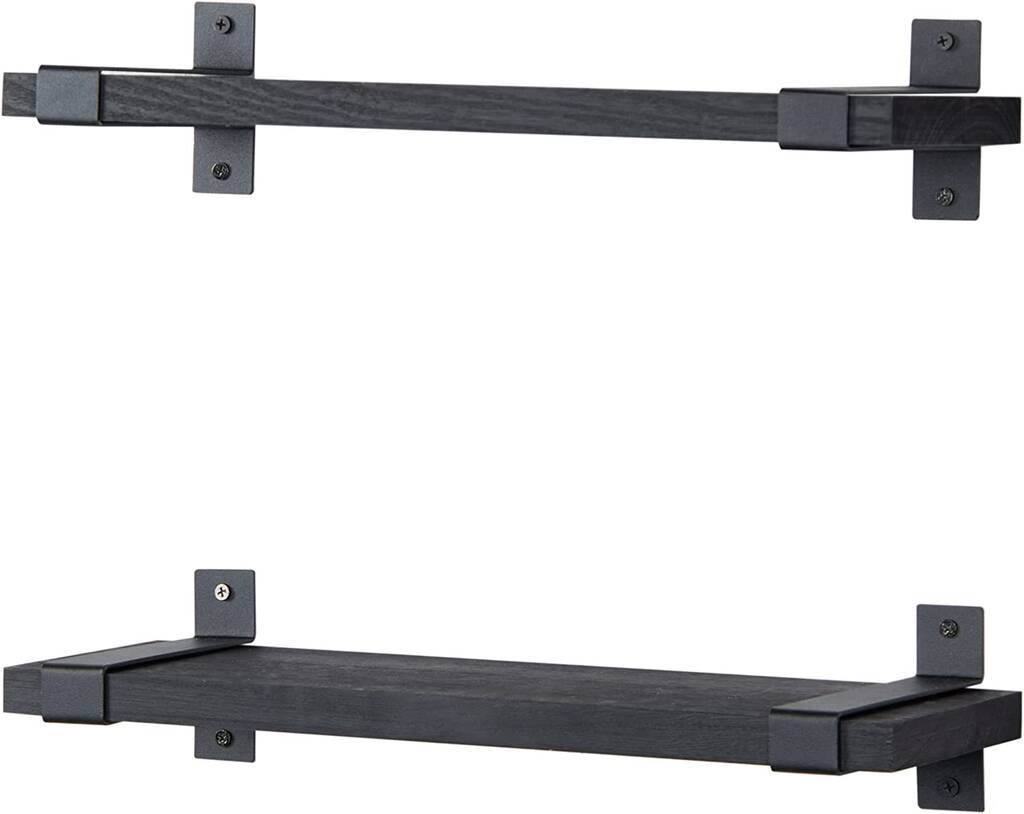 Set Of Two Black Solid Wood Wall Storage Shelves By Momentum ...