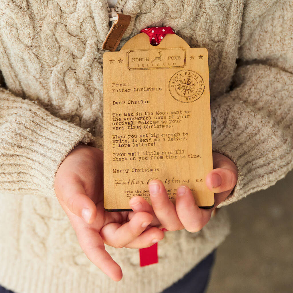 Bespoke Baby's First Christmas Wooden Tag Decoration By Betsy Benn