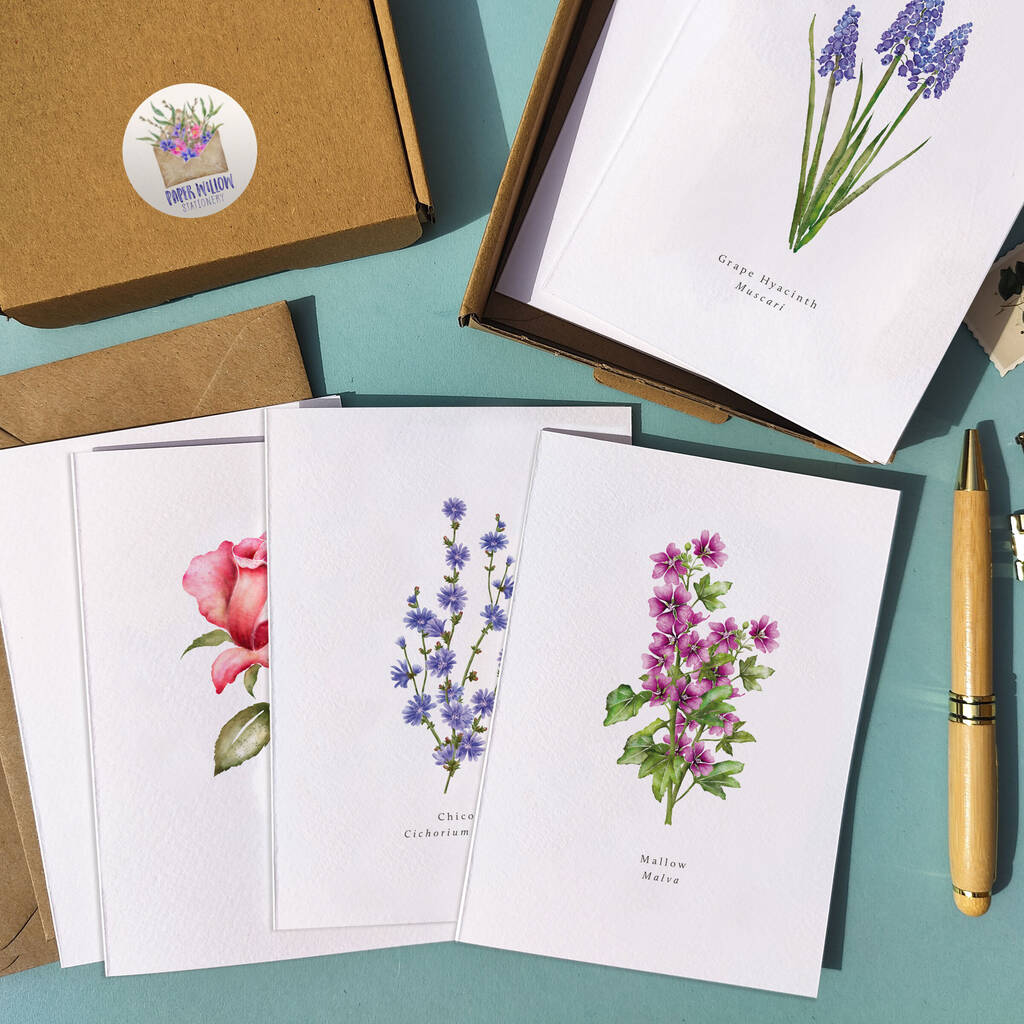 Set Of 10 Different Pink And Blue Wildflower Notecards By Paper Willow ...