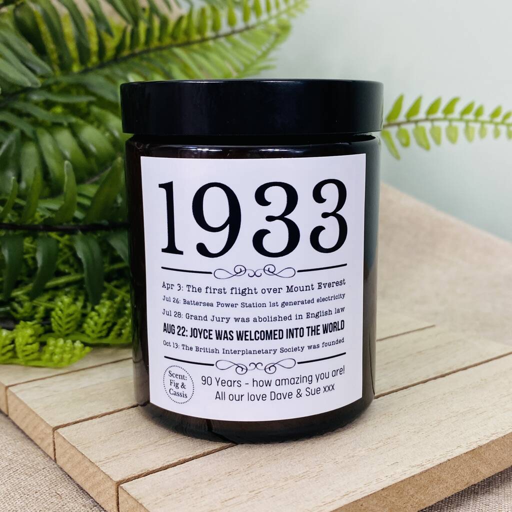 Personalised 90th 1933 Timeline Birthday Amber Candle By The Fire Shack