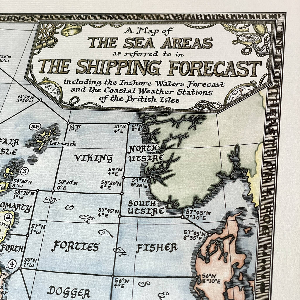 Colour Shipping Forecast Map Handmade Fine Art Print By Manuscript Maps