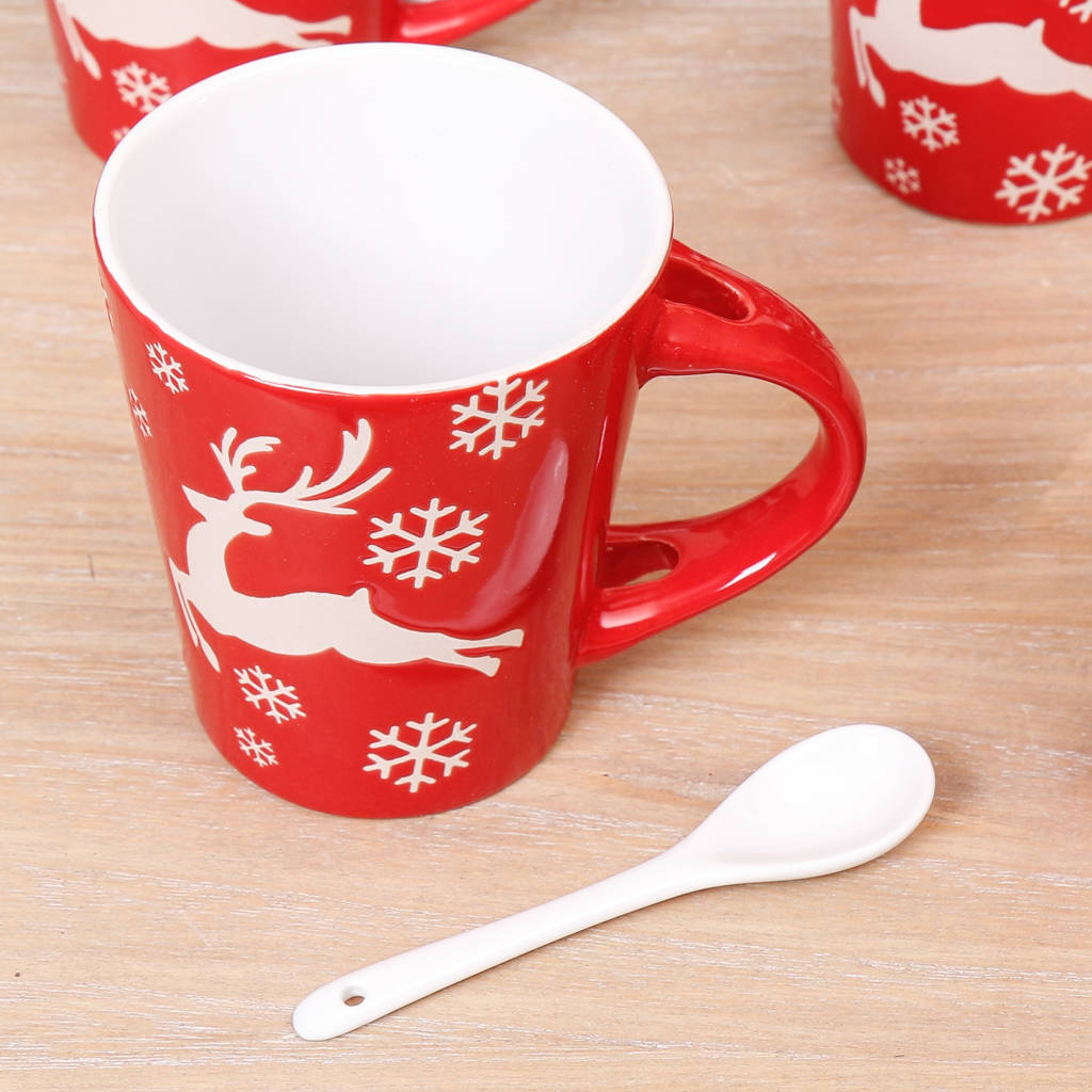 Set Of Four Enamel Reindeer Mugs With Spoons Selection By Dibor