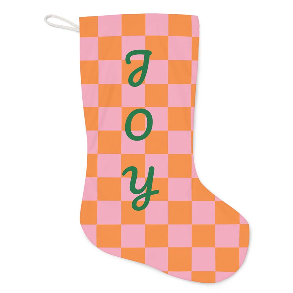 Orange And Pink 'Joy' Printed Christmas Stocking By Knotsy Brighton