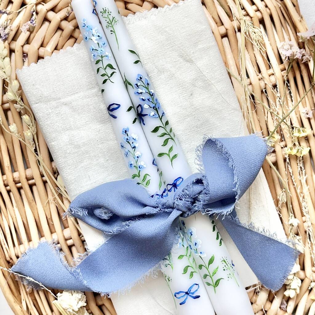 Hand Painted Blue Ribbon Taper Candles By Kazoku Workshop ...