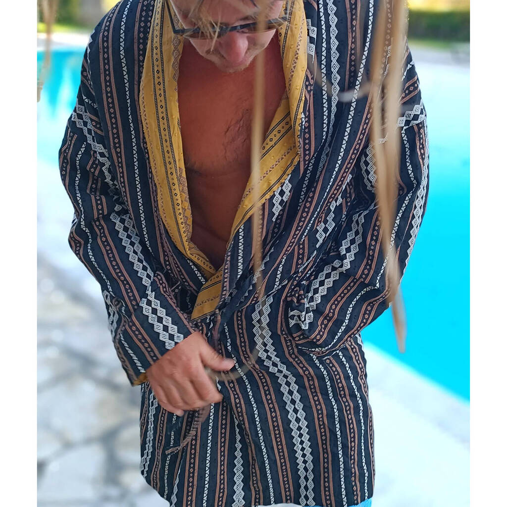 Men's Cotton Dressing Gown Kimono 'Kernel Mustard' By Verry Kerry