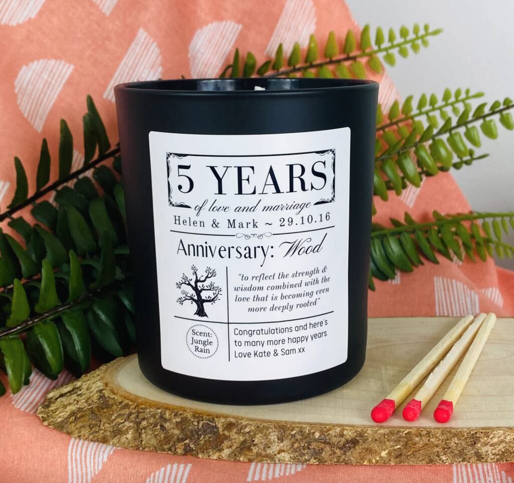 Personalised 5th Anniversary Wood Meaning Candle By The Fire Shack 