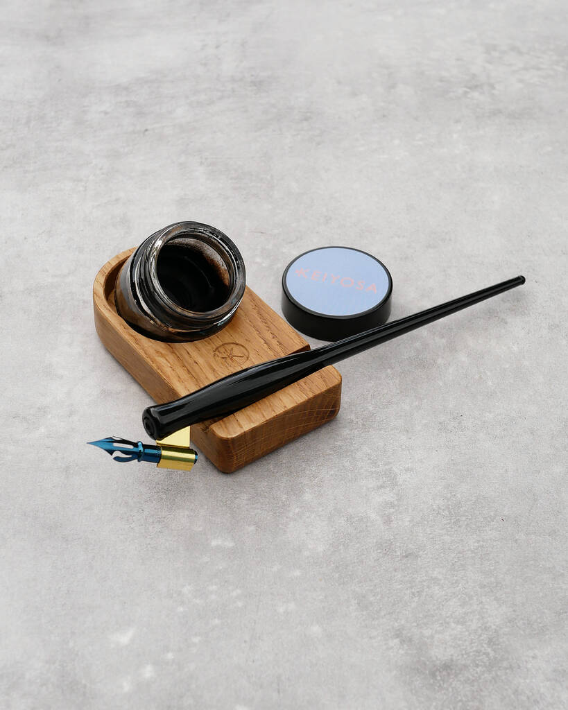 Tilt Angled Oak Calligraphy Ink Pot Holder By Keiyosa ...