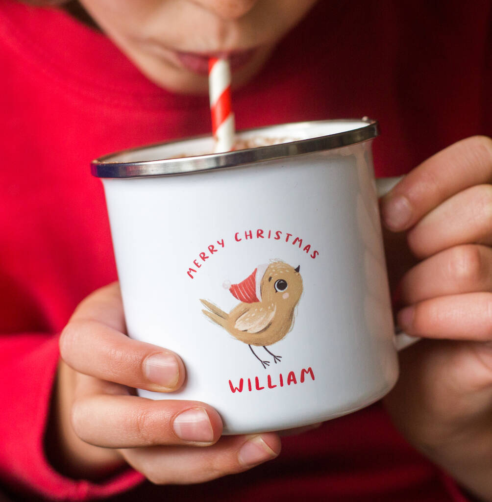 Christmas Robin Personalised Enamel Mug By Little Cherub Design
