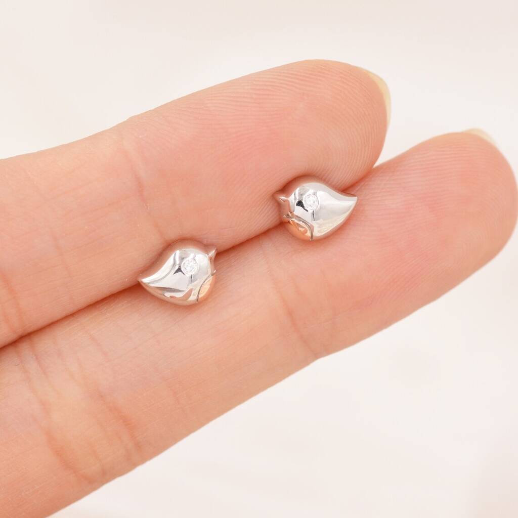 Mini Robin Bird Stud Earrings In Sterling Silver By Silver Rain Silver