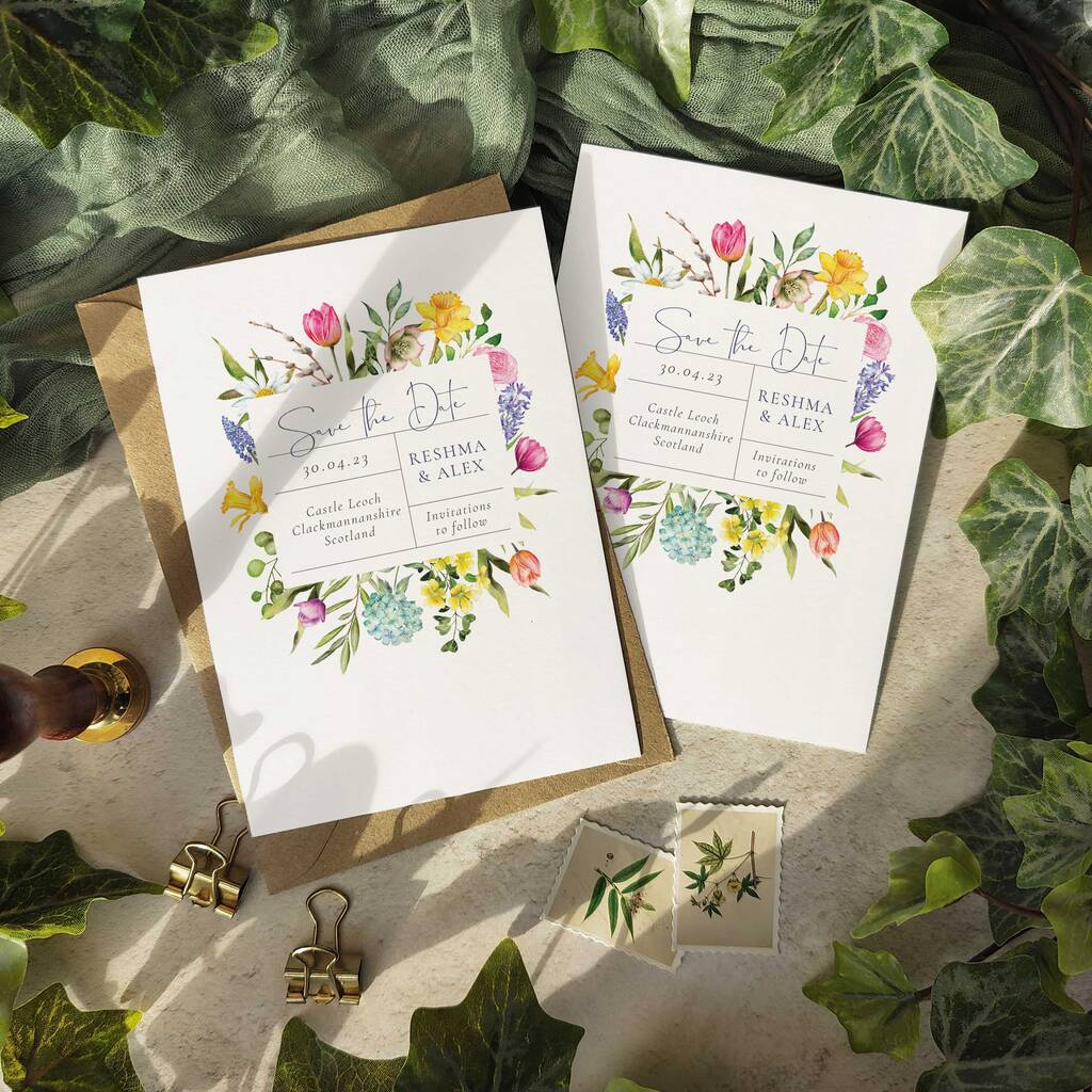 Spring Flowers Save The Date Cards And Envelopes By Paper Willow