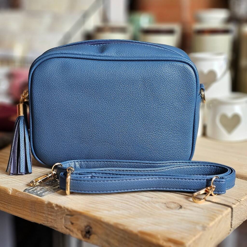 Single Zip Cross Body Bag With Tassel In Dark Blue By Nest Gifts