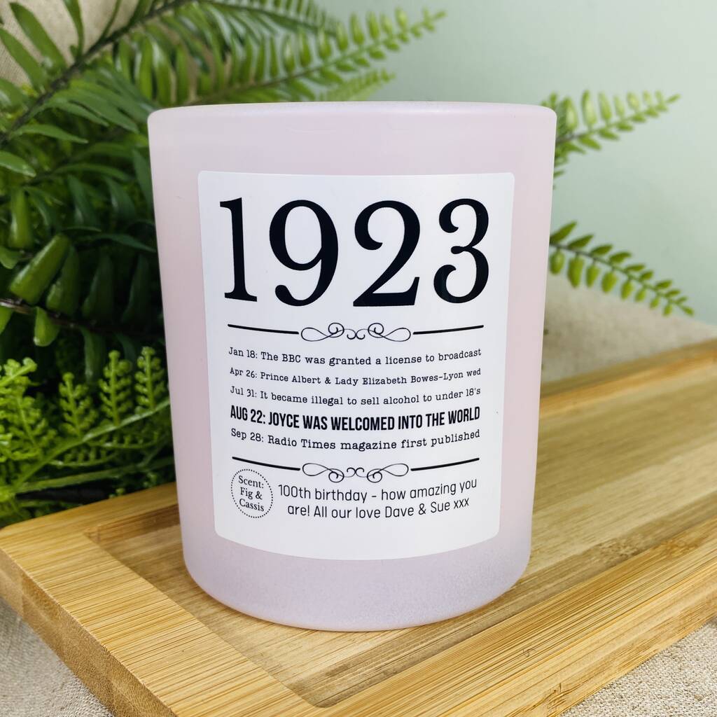 Personalised 100th 1923 Timeline Birthday Candle By The Fire Shack