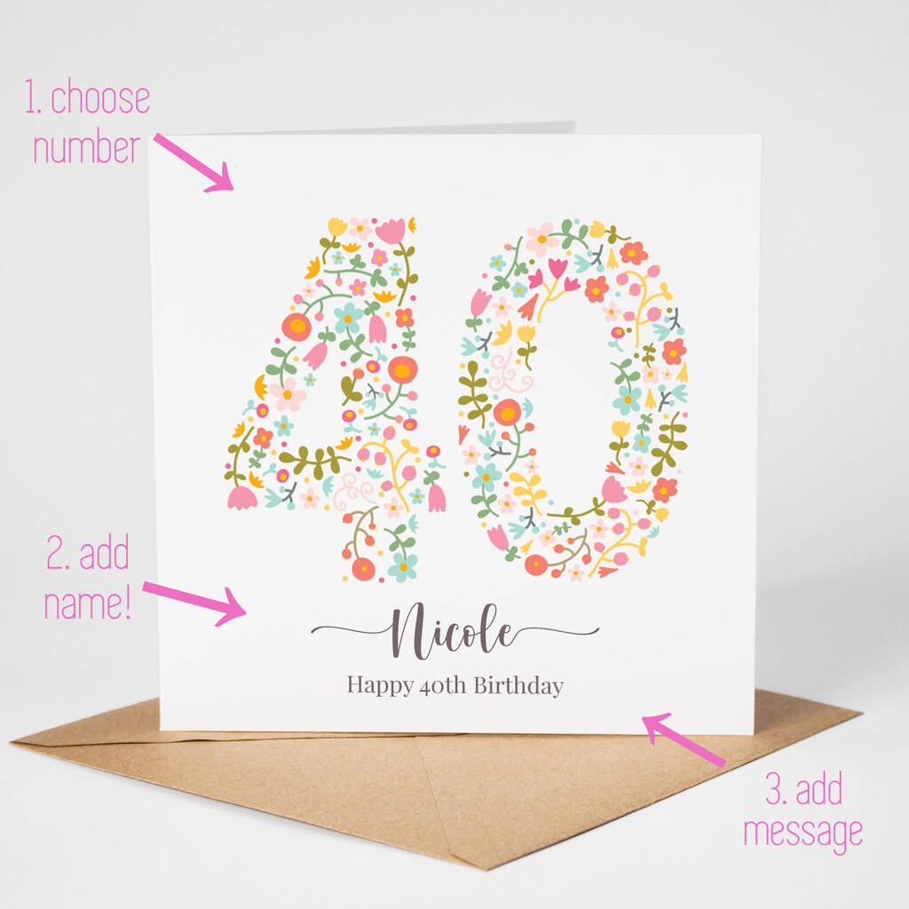 Floral Fun Personalised 40th Birthday Card By Hope and Love