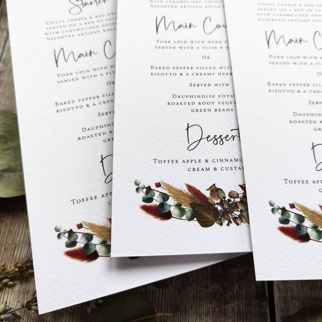 Dried Flowers Menu Card By Paper Willow | notonthehighstreet.com