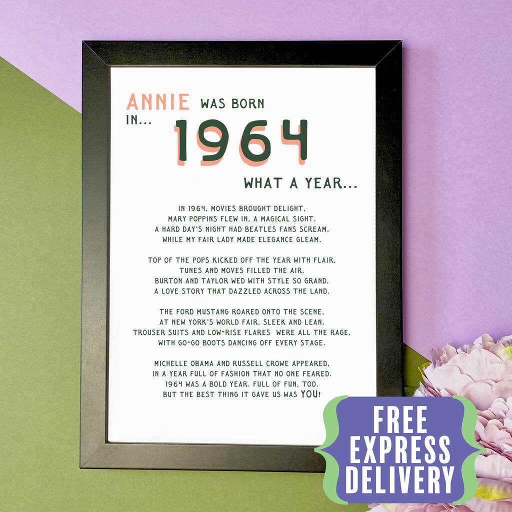 Personalised 60th Birthday Gift Print Poem Of 1964 By aFewHomeTruths