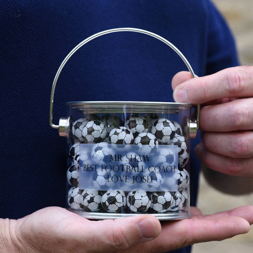 personalised bucket of chocolate footballs by me and my sport ...