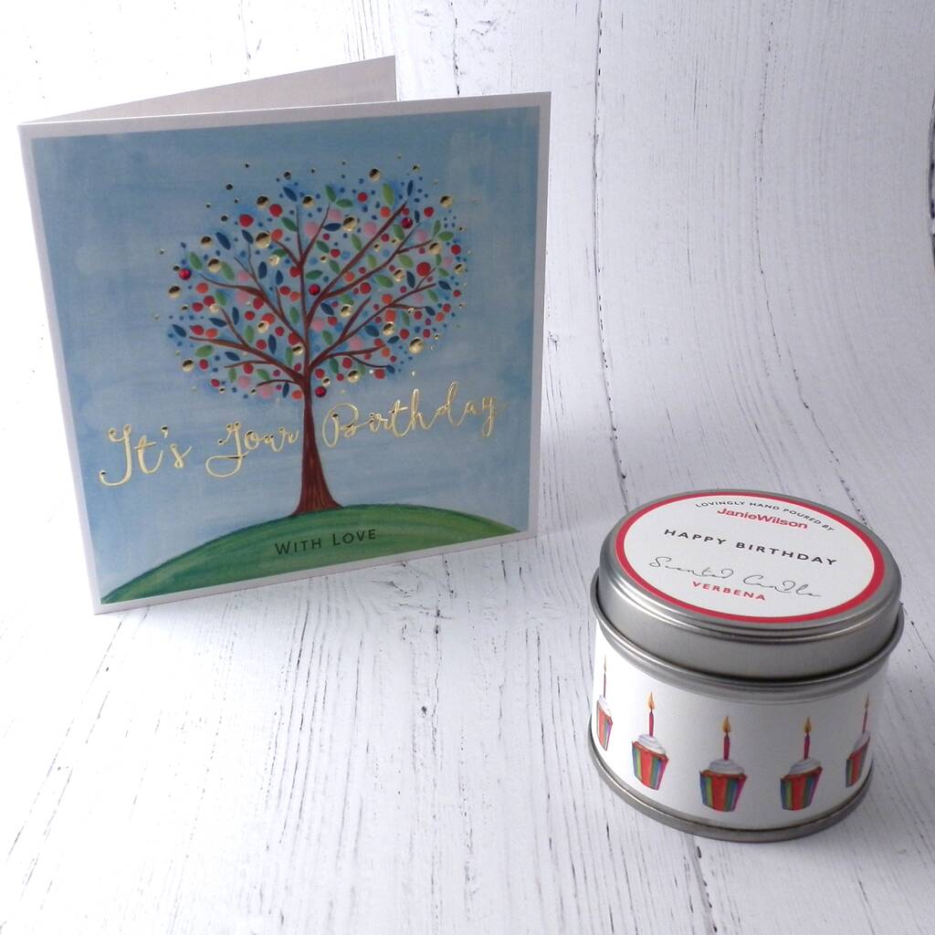 Happy Birthday Card And Candle Gift: Tree And Cake By Bunting & Barrow