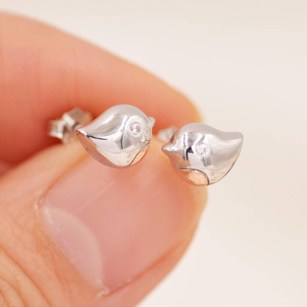 Mini Robin Bird Stud Earrings In Sterling Silver By Silver Rain Silver