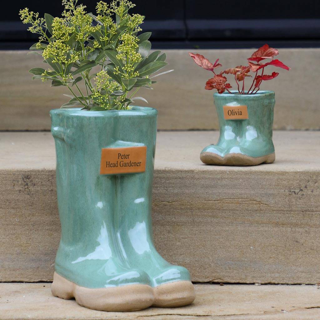 Personalised Green Ceramic Welly Boot Planter Set By Dibor ...
