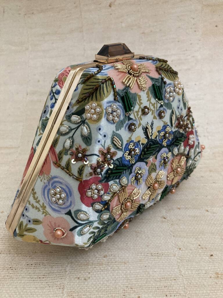 Multicoloured Blue Handcrafted Floral Clutch Bag By SRCOLLECTION