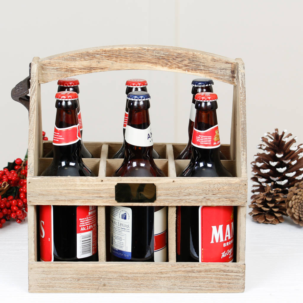 personalised natural oak wood six bottle beer carrier by dibor ...