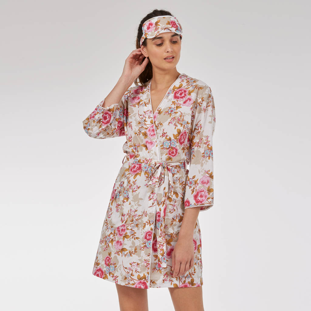 Short Cotton Robe In 'White Beautiful' Rose Print By Caro London ...