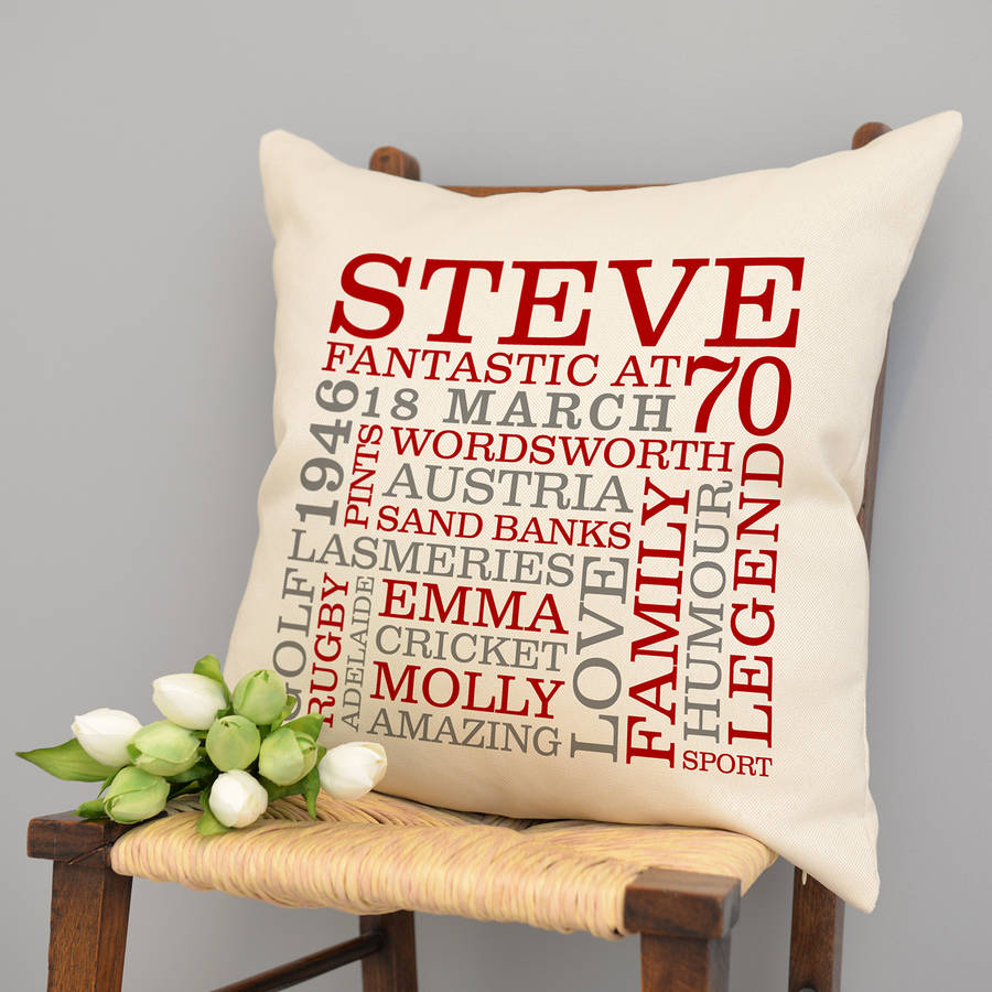 personalised 70th birthday word art cushion by a type of design ...
