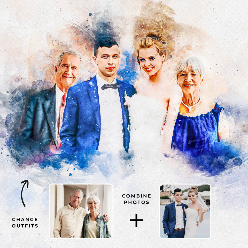 Watercolor Portrait From Combined Photos Gift For Family, Memorial Gift ...
