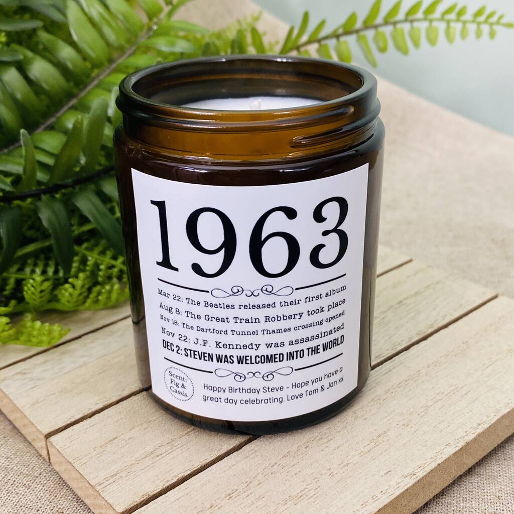 Personalised 60th 1963 Timeline Birthday Amber Candle By The Fire Shack