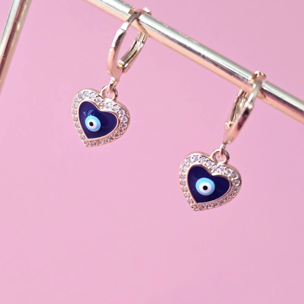Blue Heart Evil Eye Huggies Earrings By Rebel and Wild