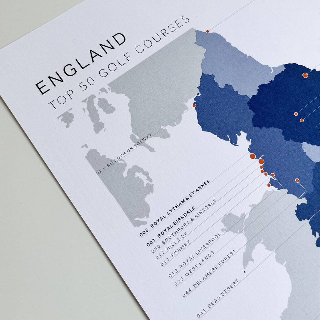Blue England Golf Course Map And Checklist Top 50 By Replay Prints ...