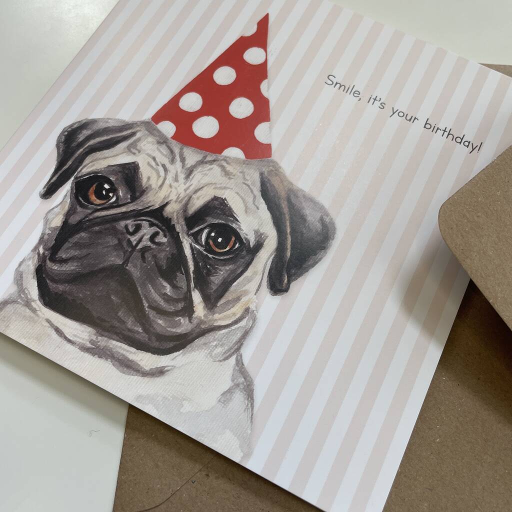 Party Pug With Stripes Card By lil wabbit | notonthehighstreet.com