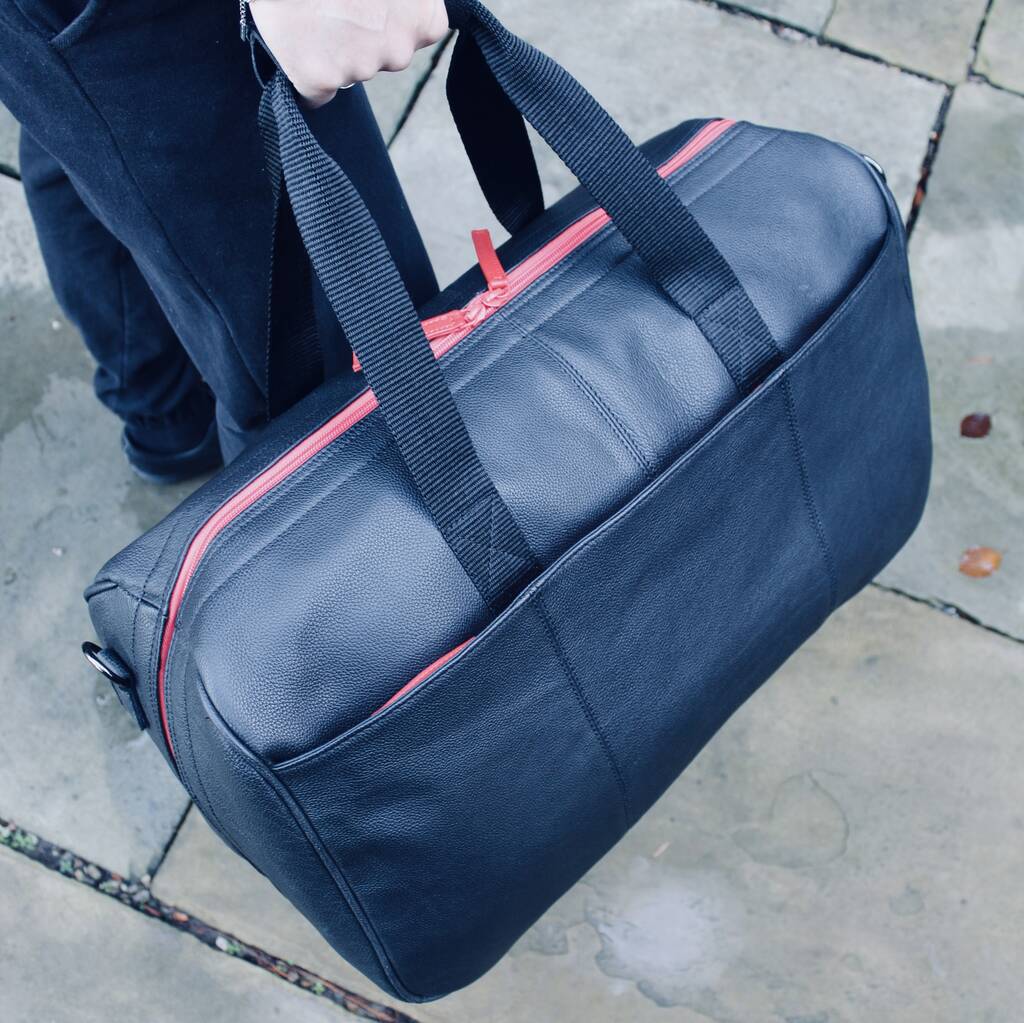 Black Leather Wide Opening Weekend Bag With Orange Zip By Vintage Child ...