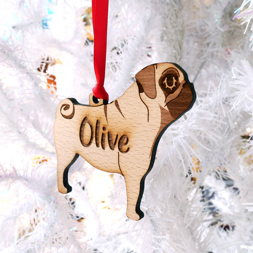 personalised pug wooden tree decoration by hoobynoo ...