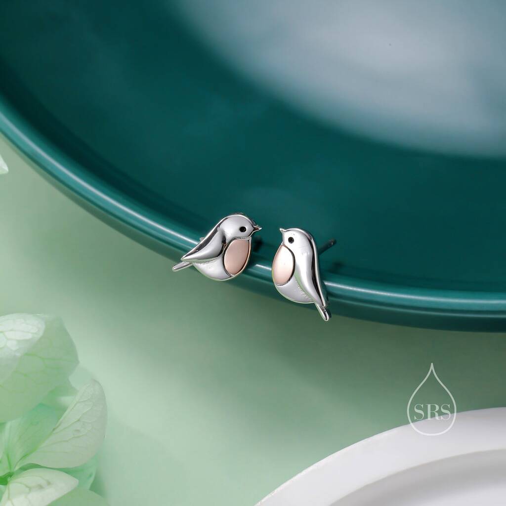 Sterling Silver Cute Robin Bird Stud Earrings By Silver Rain Silver