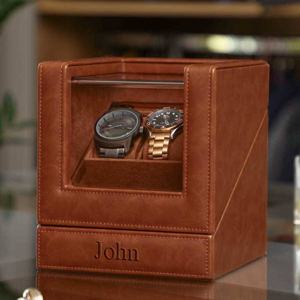 Personalised Large Tan Double Watch Display Case By Dibor ...