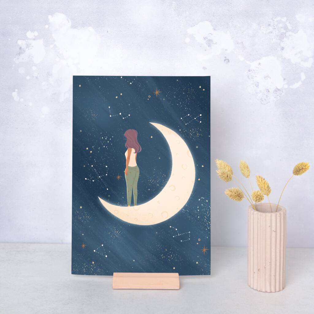 Lady On The Moon A4 Wall Art Print By Flourish Paperworks