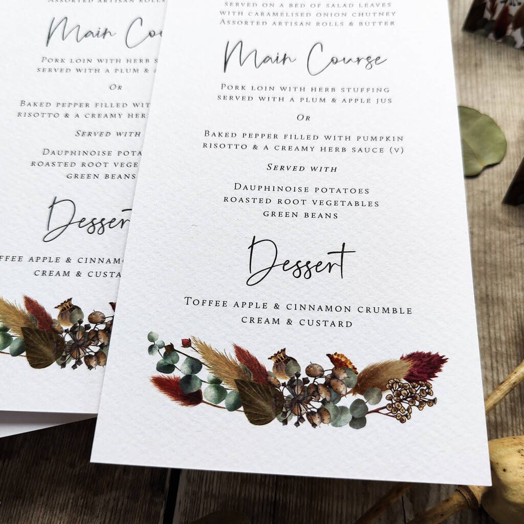 Dried Flowers Menu Card By Paper Willow | notonthehighstreet.com