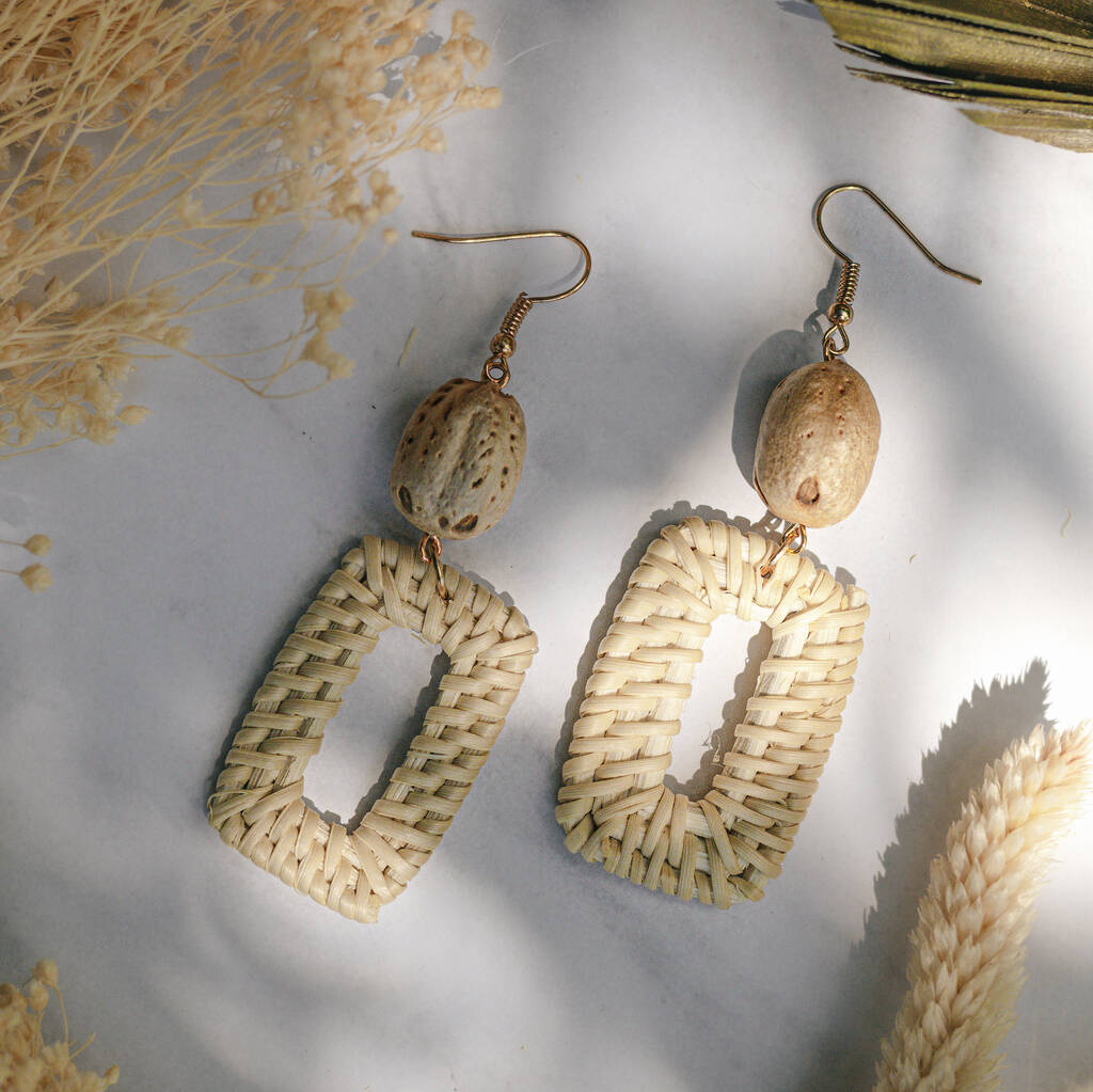 Cream Rattan Oblong Summer Drop Earrings By Xander Kostroma