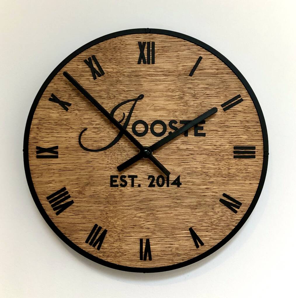 personalised surname dark oak wall clock by laser made designs ...
