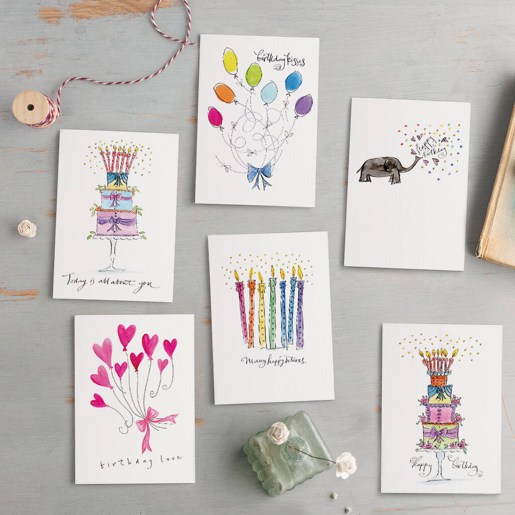 'Birthday Cards' Mixed Pack Of Six By Gabrielle Solly Illustration ...