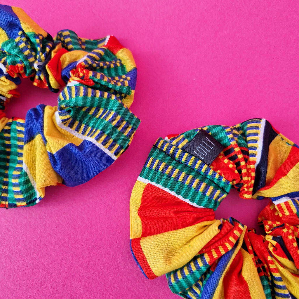 Two African Print Scrunchies | Yellow Kente Kioko Print By Lolly & Kiks