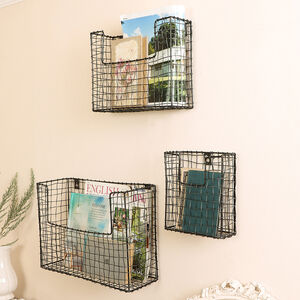 Set Of Three Wall Mounted Black Wire Storage Baskets By Dibor
