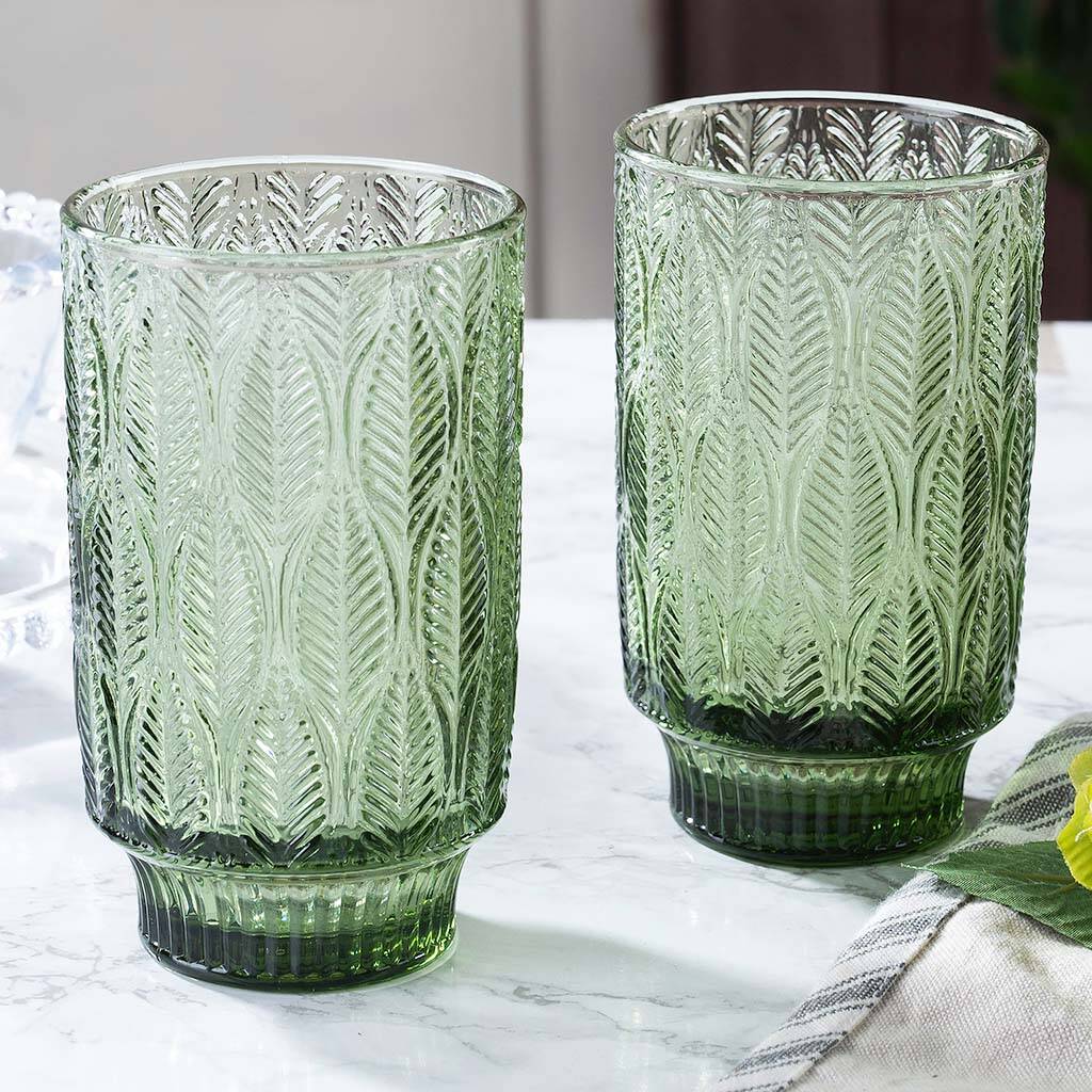 Set Of Four Green Leaf Patterned Highball Glasses By Dibor ...
