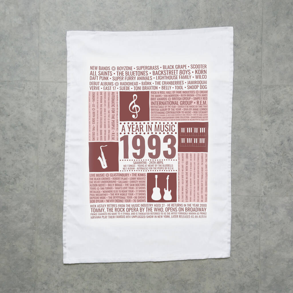 Personalised 30th Birthday Tea Towel Gift 1993 Music By elevencorners